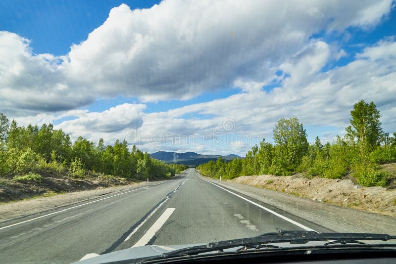 View from Car Window on the Road and Landscape with Forest, Tees, and ...