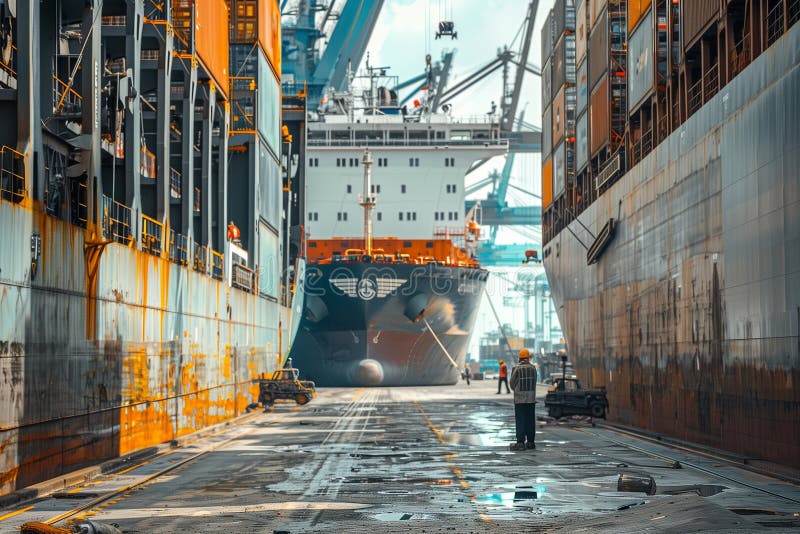 View of Cargo Container and Cranes at the Seaport with Workers during ...