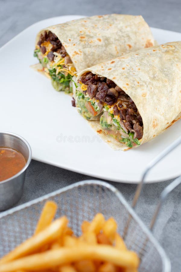 Plate Carne Asada Burrito Cut Open Half Stock Image - Image of latin ...
