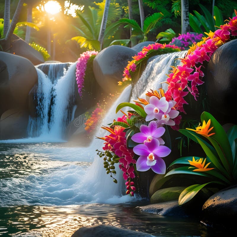 A Cascade of Flowers Growing Along a Waterfall in a Tropical Setting ...