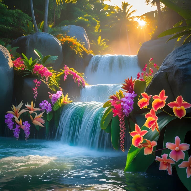 A Cascade of Flowers Growing Along a Waterfall in a Tropical Setting ...