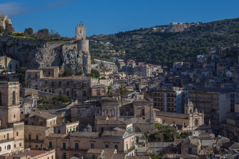 View of the Castle and Clock Tower in the Centre of Modica Stock Photo ...