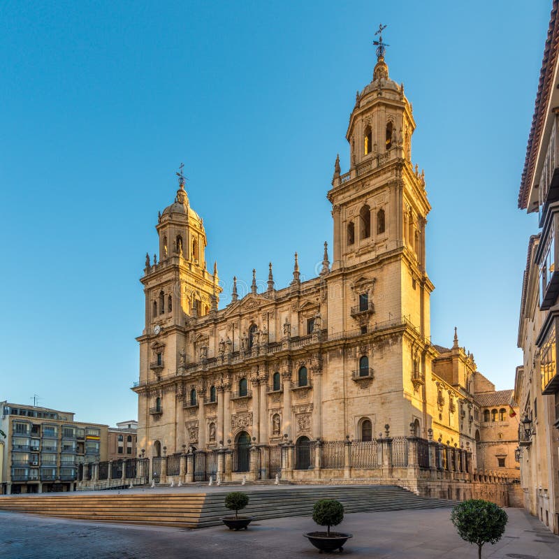View at the Cathedral of Jaen at the Santa Maria Place, Spain Stock ...