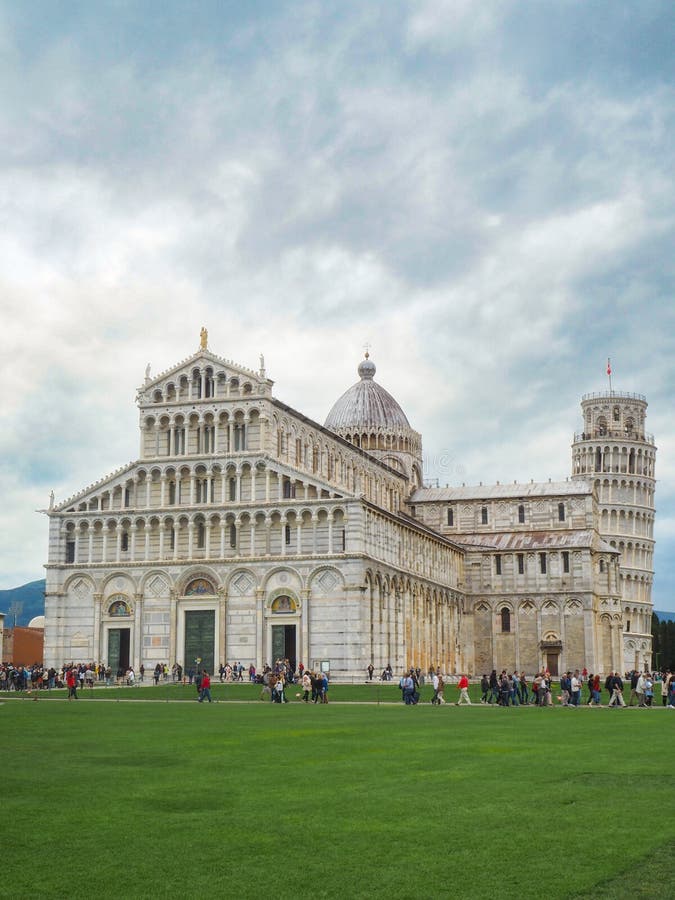 View of Cathedral and the Leaning Tower of Pisa, Italy,a Cloudy Stock ...