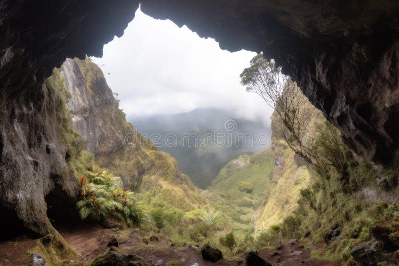 View of Cave from Above, with Clouds Rolling Past and Mountains in the ...