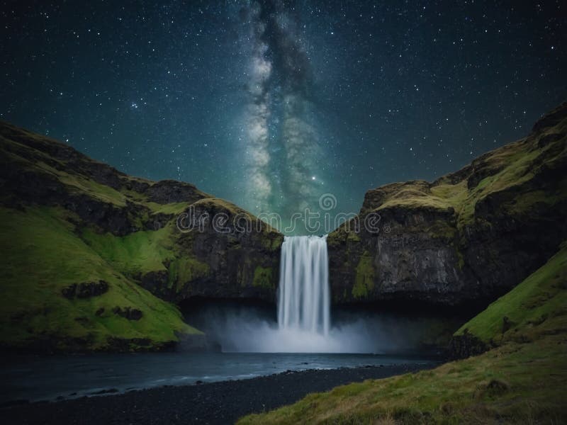 View from Cave of Amazing Waterfall Under Stars in Iceland. Stock ...
