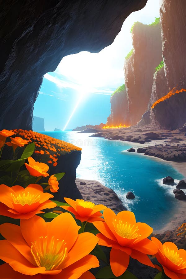 A View from within a Cave with Exotic Flowers and the Bright Blue Sky ...