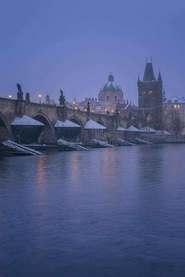 View of the Charles Bridge at Night in Winter Stock Image - Image of ...