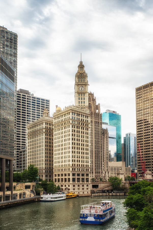 Cityscape With Wrigley Building From Chicago Riverside, Illinois, USA ...