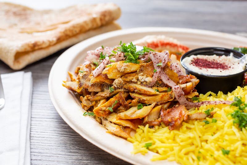 Chicken shawarma plate stock image. Image of shelf, rice - 192748367
