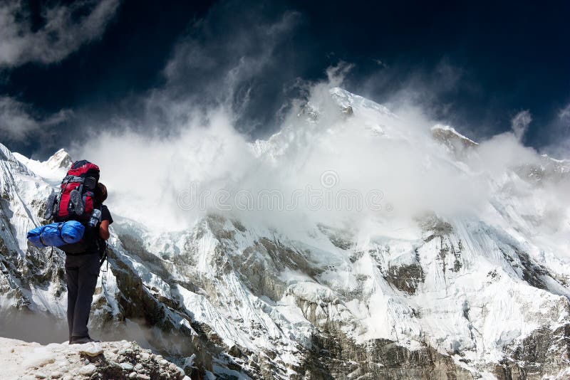 View of Cho Oyu with Trekker Stock Photo - Image of nepal, national ...