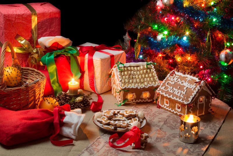 View of the Christmas Table with Presents Stock Photo - Image of baked ...