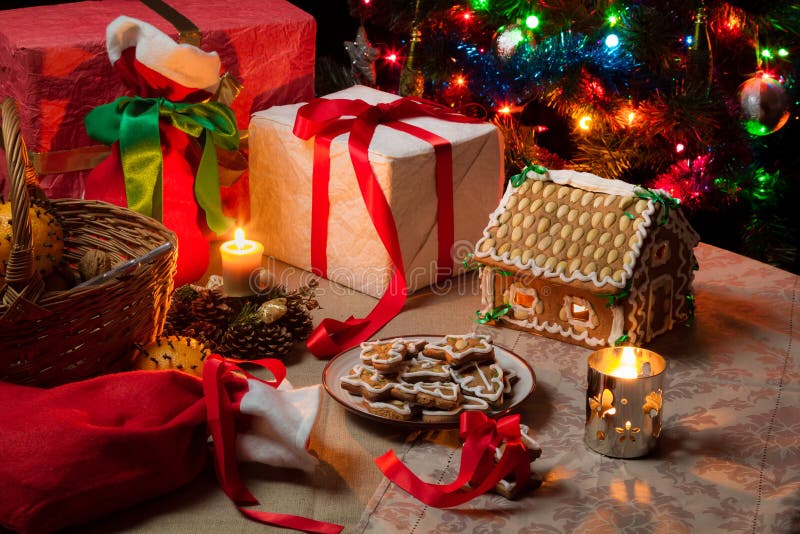 View of the Christmas Table with Presents Stock Image - Image of ...