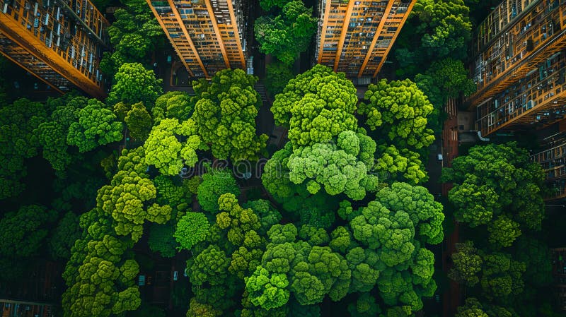 A View of a City from Above of Tall Buildings Surrounded by Trees Stock ...