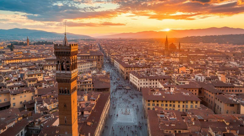 A View of a City with a Clock Tower Stock Illustration - Illustration ...