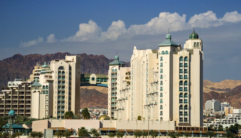 Night View on Resort Hotels in Eilat City, Israel Stock Photo - Image ...