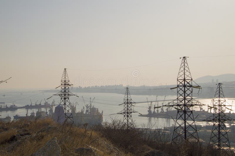 View of City in the Haze and the Power Line Stock Image - Image of line ...