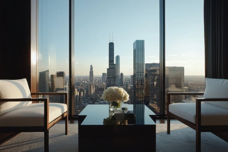 A View of a City from a High Floor with a Table and Two Chairs Stock ...