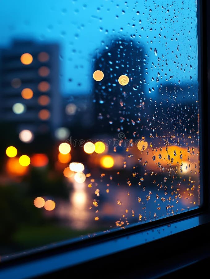 A View of City Lights at Night through a Window Covered in Raindrops ...