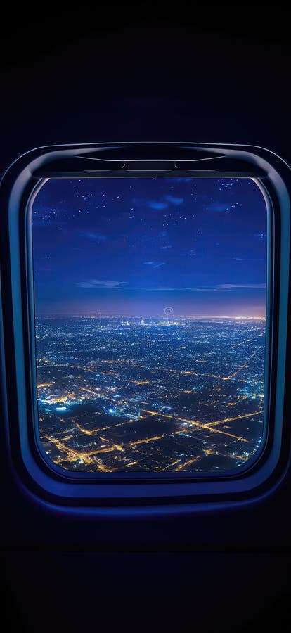 View of City Lights from Plane Window on Night Flight Stock ...
