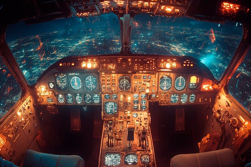 View of the City at Night from the Boeing Cockpit. Stock Illustration ...