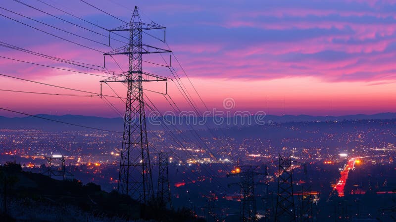 A View of a City at Night with Power Lines and Lights, AI Stock Photo ...