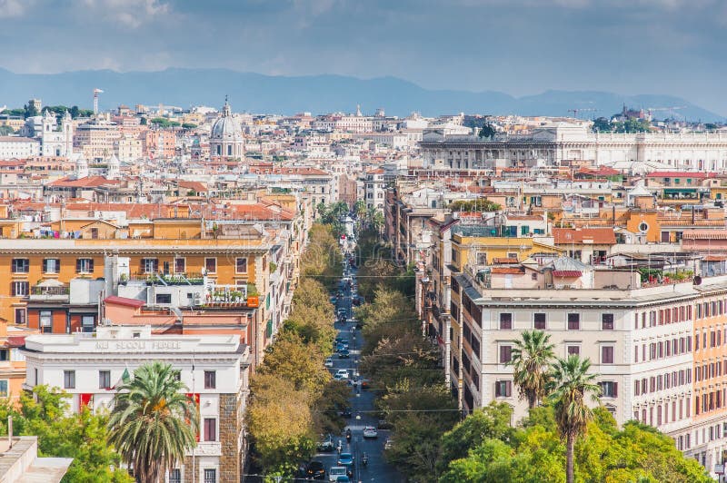 View of the City of Rome in Italy Stock Photo - Image of street, trees ...