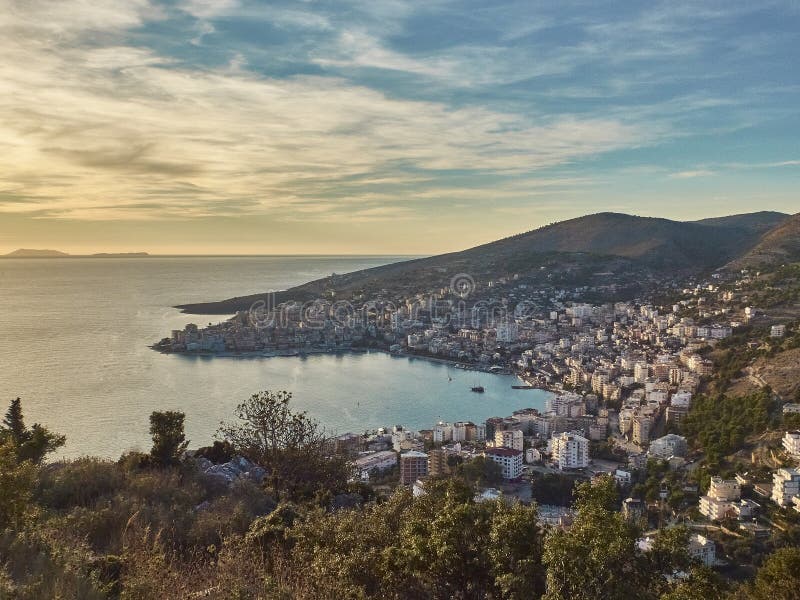 Sunset in Saranda stock image. Image of sunset, view - 199457565
