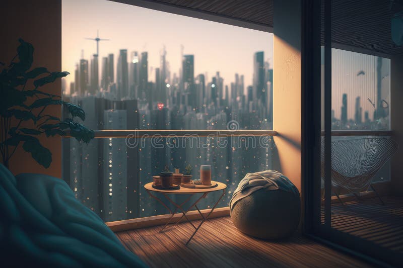 View of the City Skyline from Cozy Balcony with View Stock Illustration ...