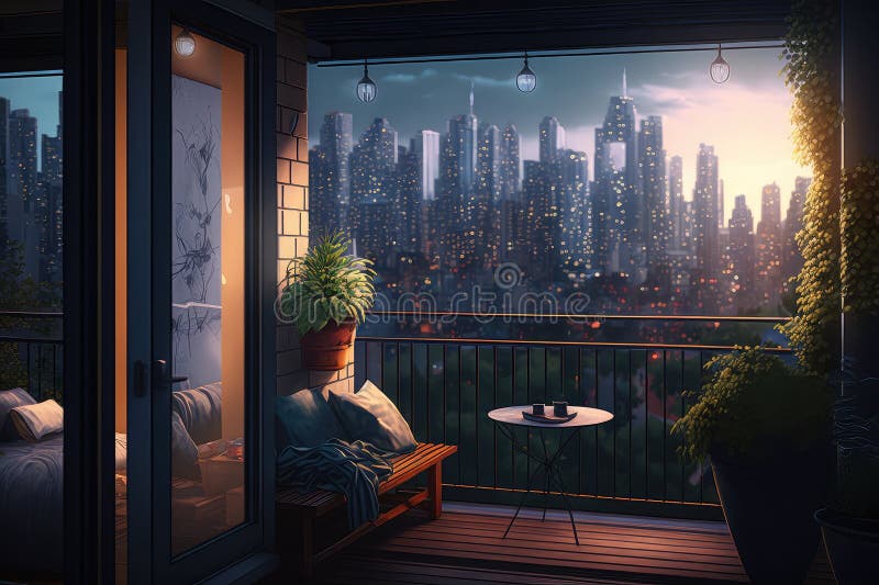 View of the City Skyline from Cozy Balcony with View Stock Illustration ...