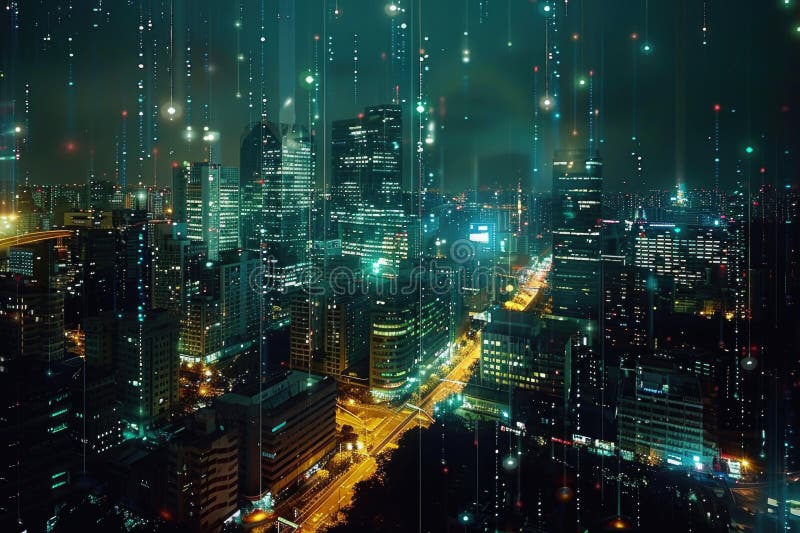 View of a City Skyline from a High-rise Building, Lit Up at Night Stock ...