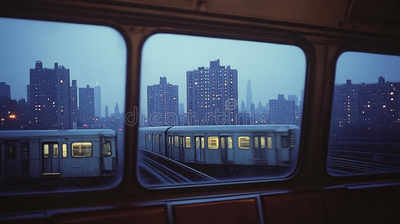 A View of the City Skyline from a Train Window at Dusk Stock ...