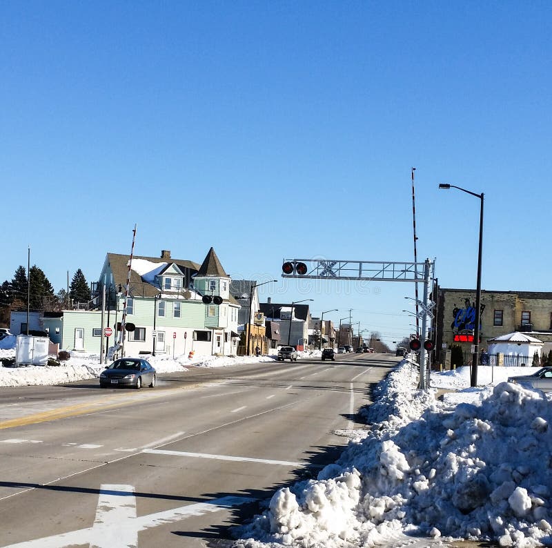 City Street on Snowy, Sunny Morning Stock Photo - Image of midwestern ...