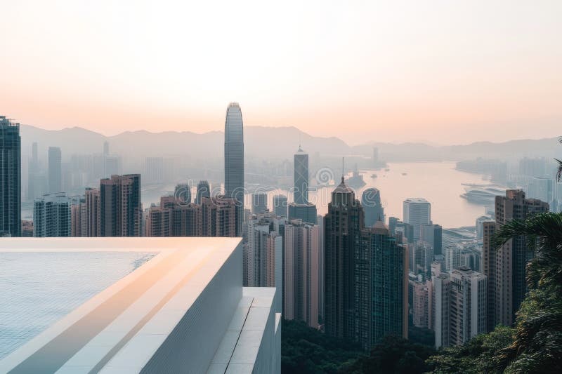 View of the City at Sunrise from a Rooftop Terrace in Panoramic Format ...