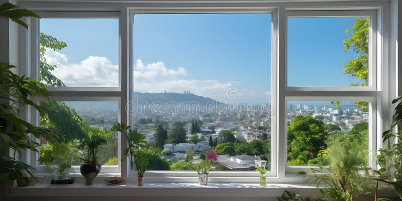 A View of a City from a Window.Window View from Home Window . Stock ...