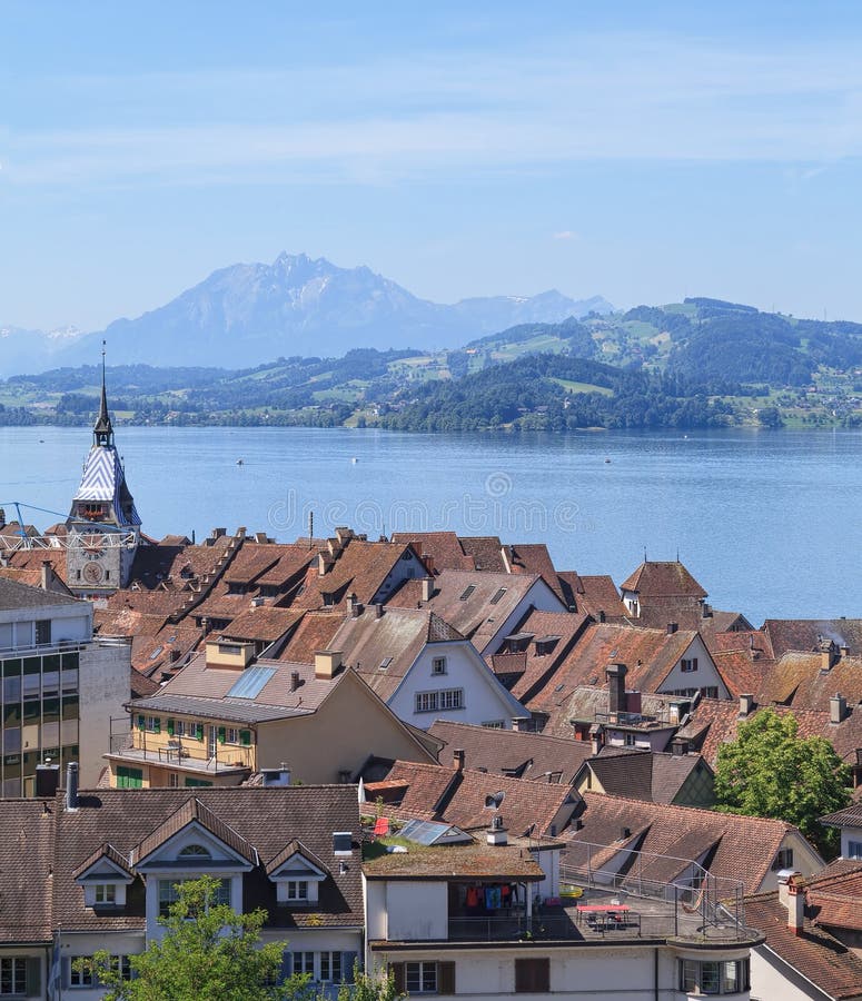 View in the city of Zug stock image. Image of lake, town - 53346649