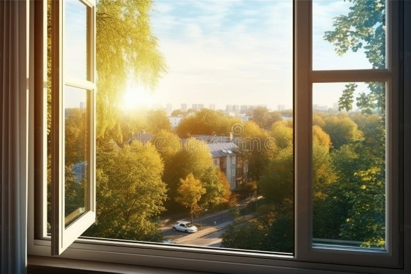 A View of a Cityscape from a Window with Buildings and Streets Below ...