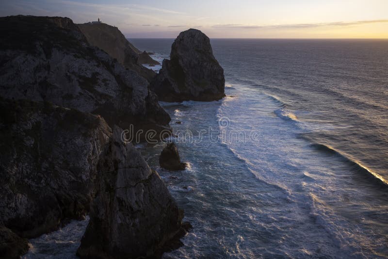 View of the Cliffs of Cabo Da Roca and the Ocean Surf at Sunset in ...