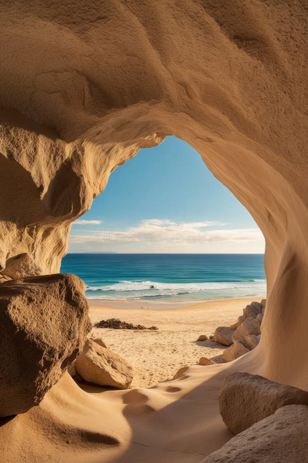 View from a Coastal Cave Revealing Sunny Beach and Ocean. Stock Image ...