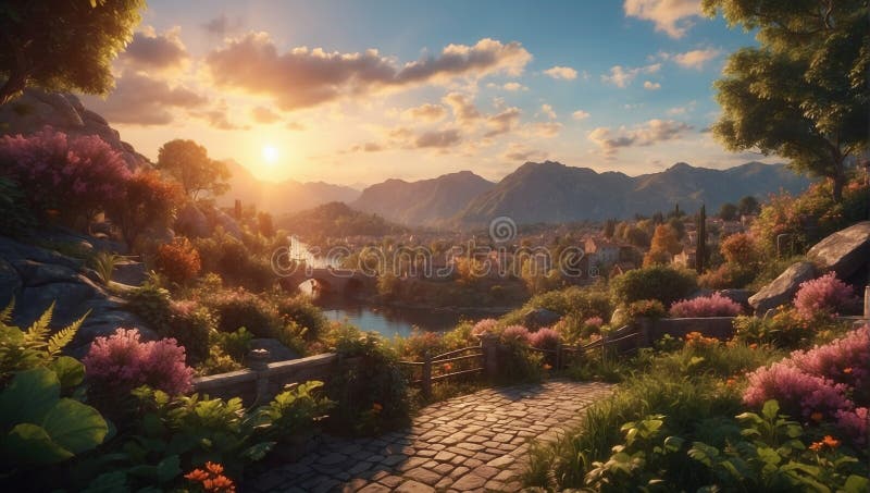 View from Cobblestone Path To River with Stone Bridge and European Town ...