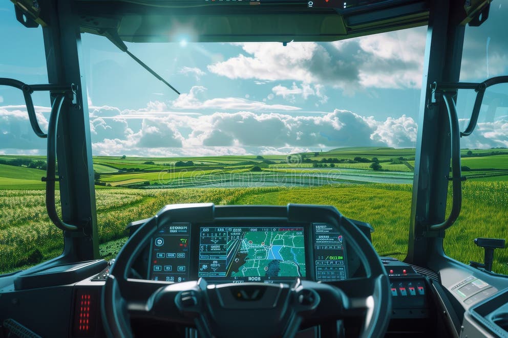View from the Cockpit of a High-tech Tractor Navigating a Green Field ...