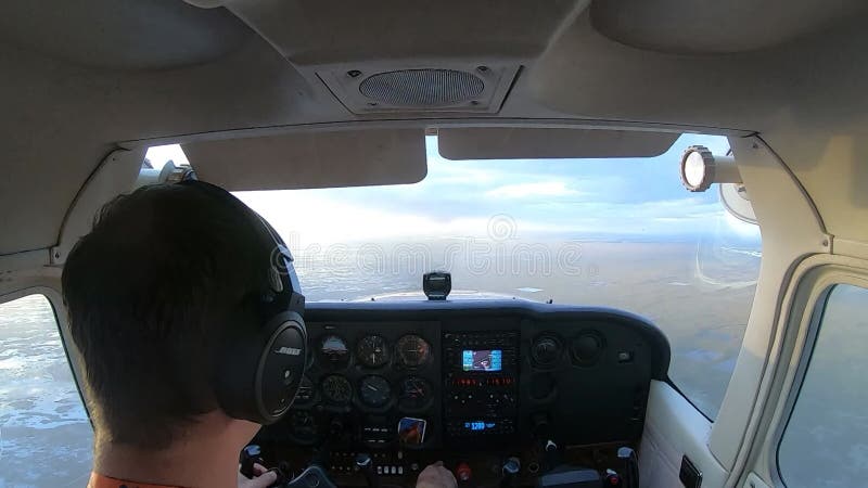 Professional Pilot is Flying a Small Plane with a Propeller, Dashboard ...