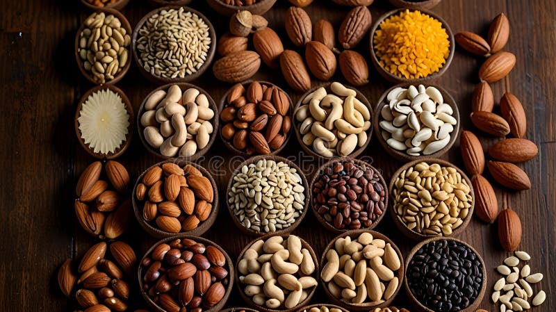 A Collection of Different Nuts and Seeds Spread Out on a Wooden Table ...