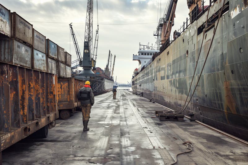 View of Cargo Container and Cranes at the Seaport with Workers during ...