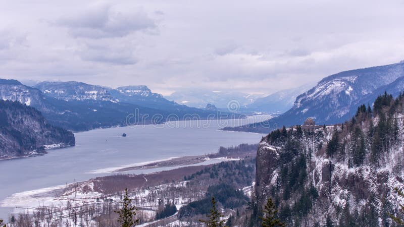 View at Columbia River Gorge Covered in Snow after Massive Snowfall in ...