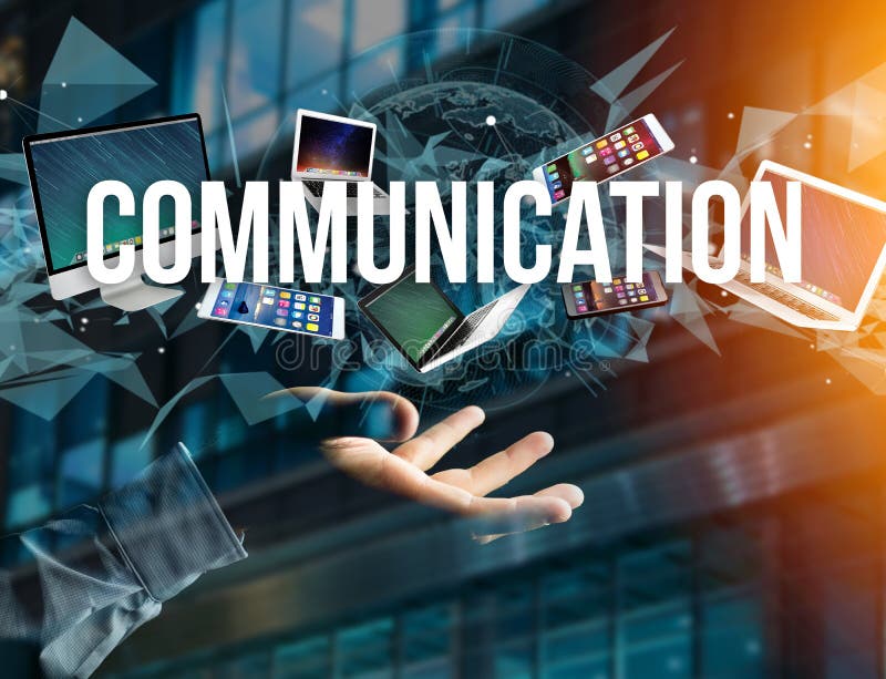 Communication Title Surounded by Device Like Smartphone, Tablet Stock ...