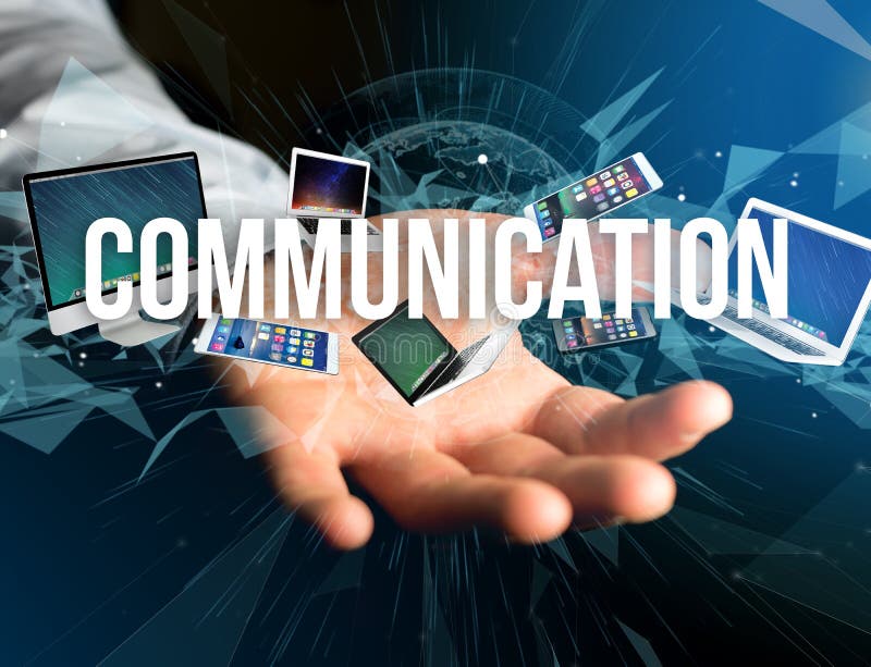 Communication Title Surounded by Device Like Smartphone, Tablet Stock ...