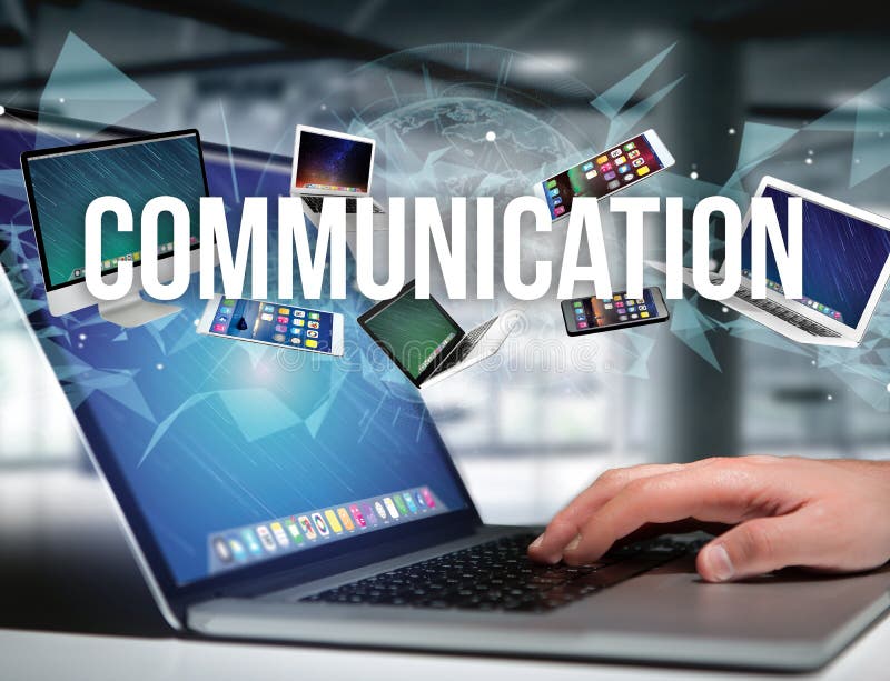 Communication Title Surounded by Device Like Smartphone, Tablet Stock ...