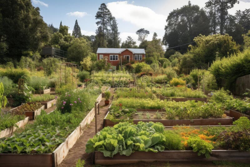 View of Community Garden, with Rows of Vegetables and Herbs Growing in ...
