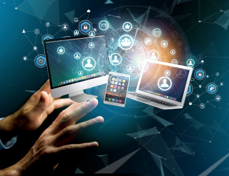 Computer and Devices Displayed on a Futuristic Interface with Bu Stock ...